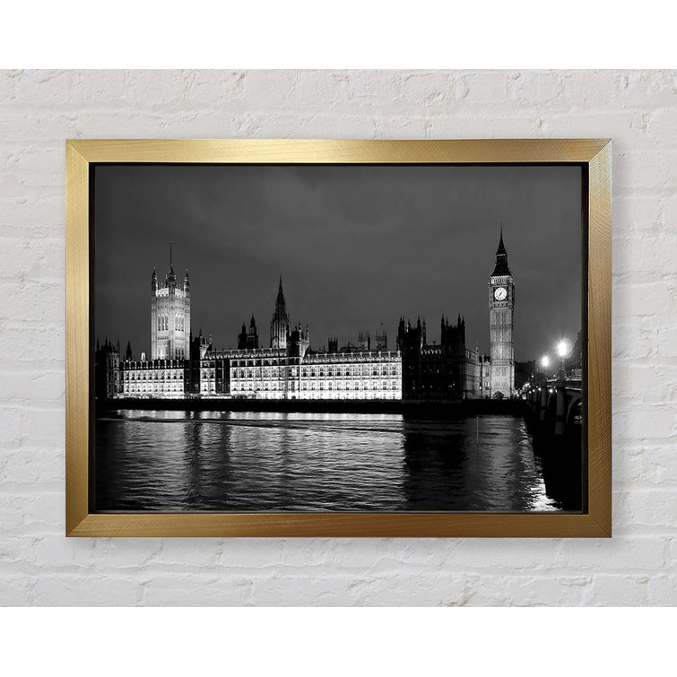 Ebern Designs London Thames Houses Of Parliament B N W Night - Single Picture Frame Print ...